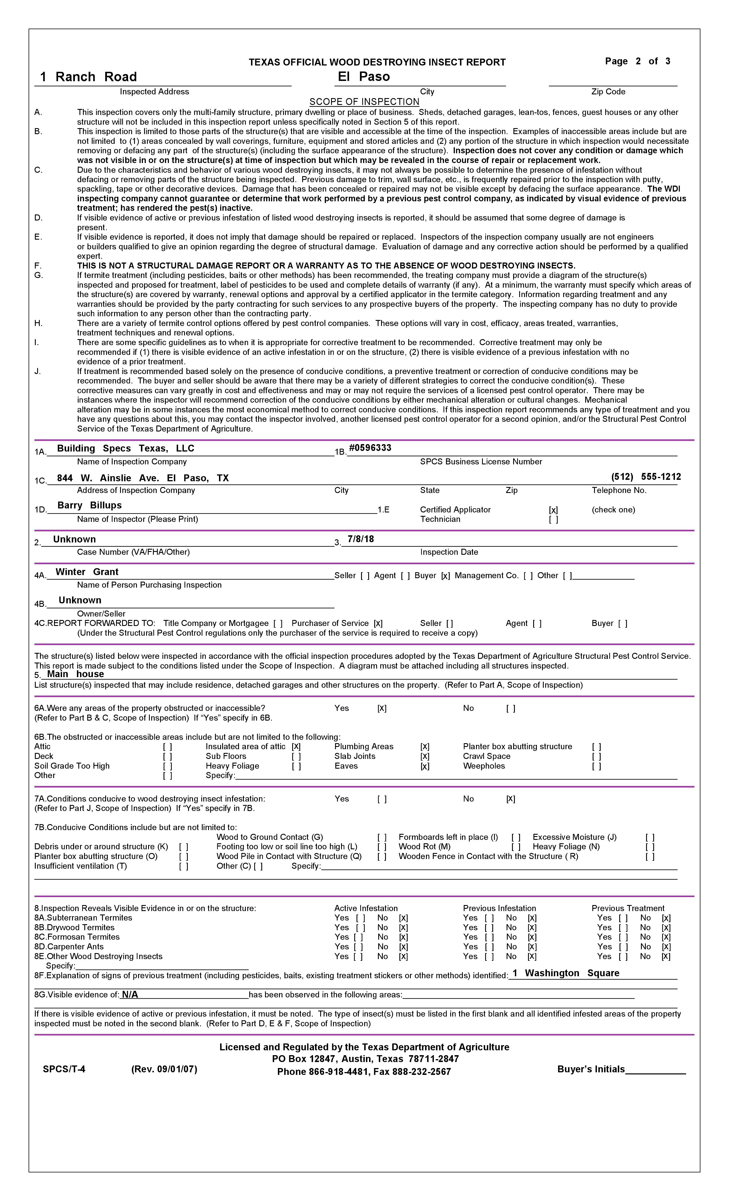 Texas WDI/WDO Inspection Form from Spectacular Inspection System